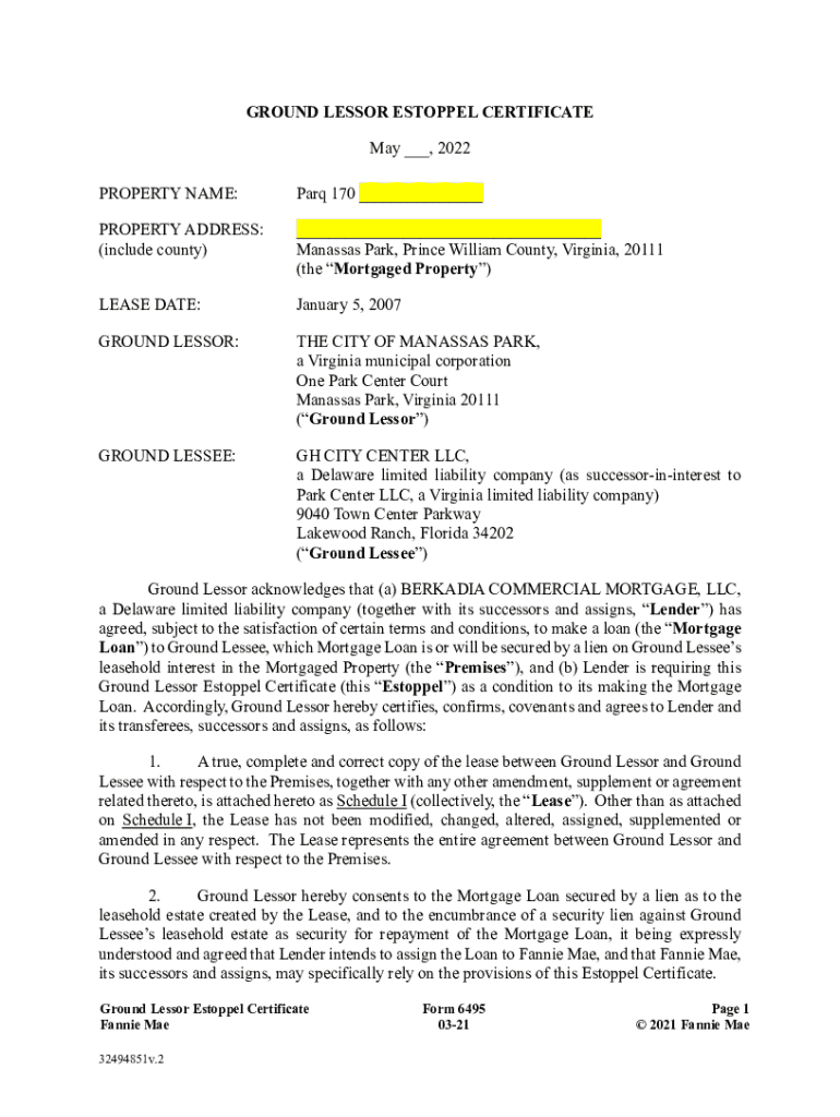 Fillable Online 324948512Ground Lessor Estoppel Certificate (Hasta-170 ...