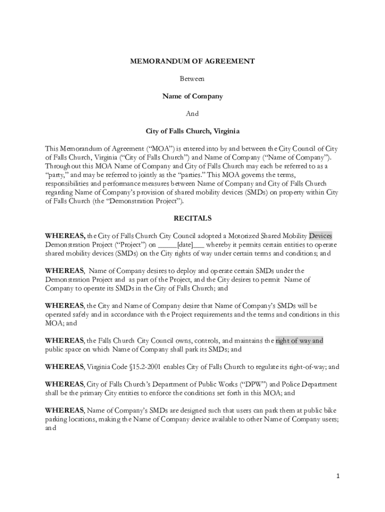 Fillable Online Memorandum of Agreement Between Name of Company And City of ... Fax Email Print ...