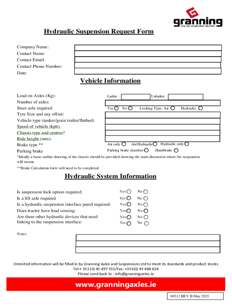 Fillable Online Hydraulic Suspension Request Form - Granning Axles Fax ...