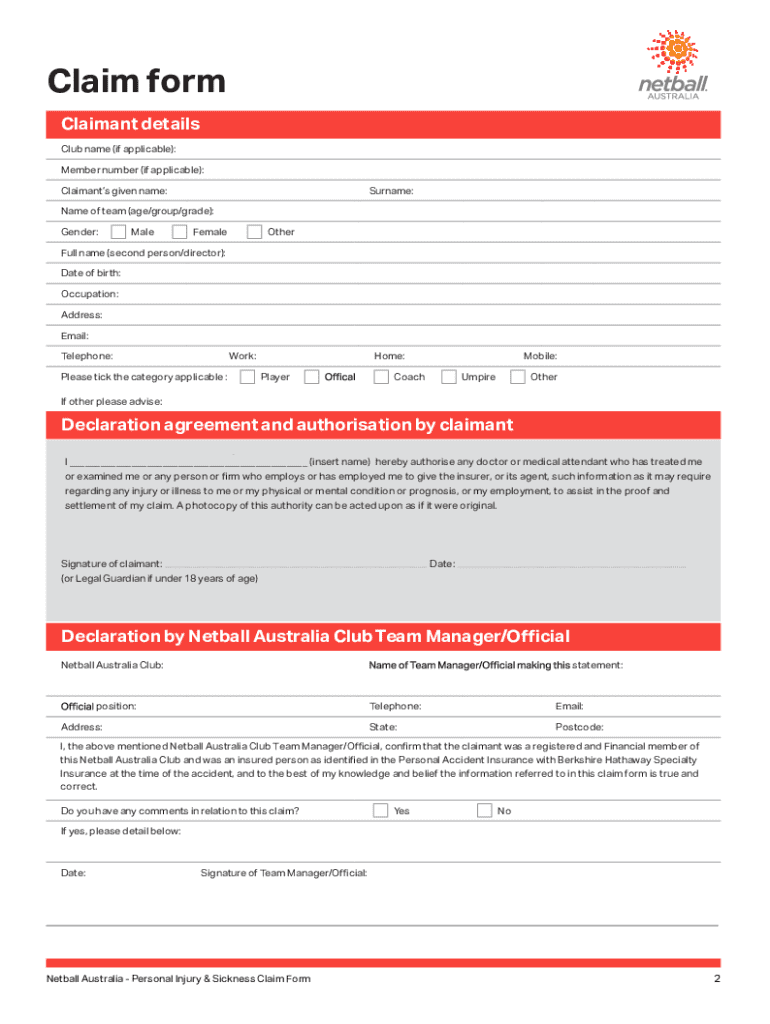 Fillable Online BHSI Netball Australia Personal Injury and Sickness ...
