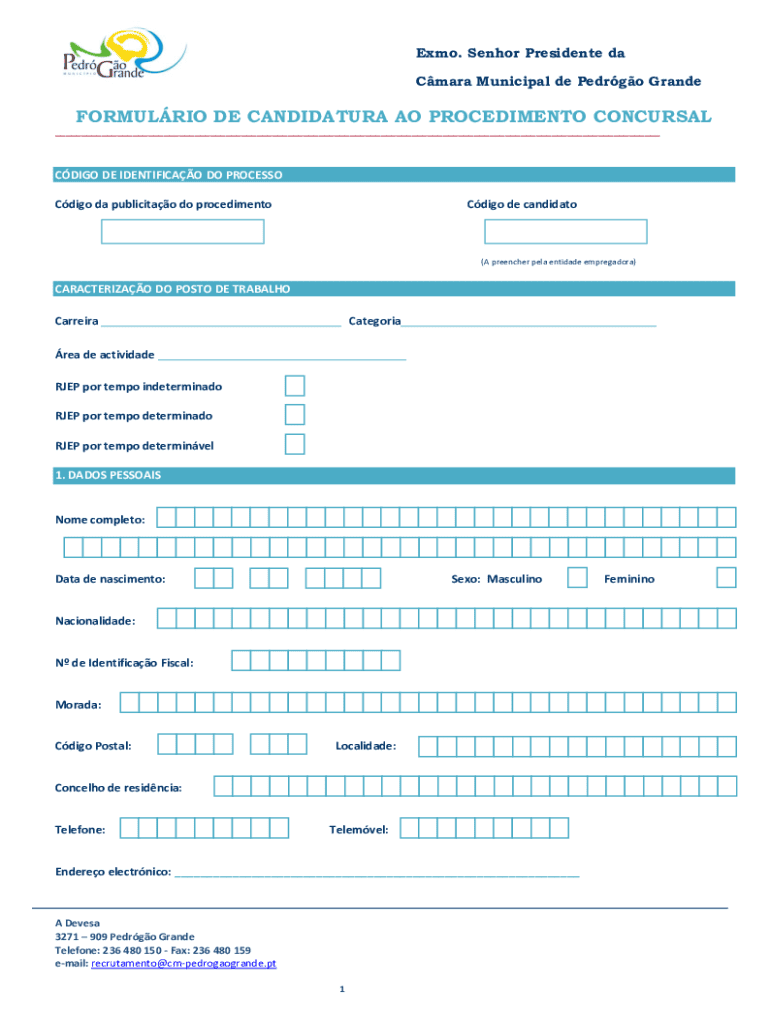 Preenchível Disponível Formulrio de Candidatura ao Procedimento Concursal ... Fax Email Imprimir ...