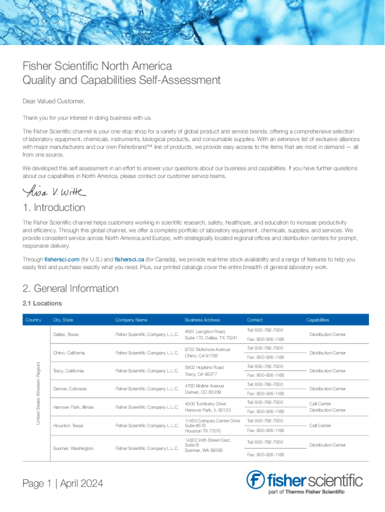 Fillable Online Quality and Capabilities Self-Assessment - Fisher Scientific Fax Email Print ...