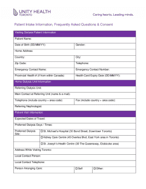 Fillable Online Visiting dialysis intake form and frequently asked ...