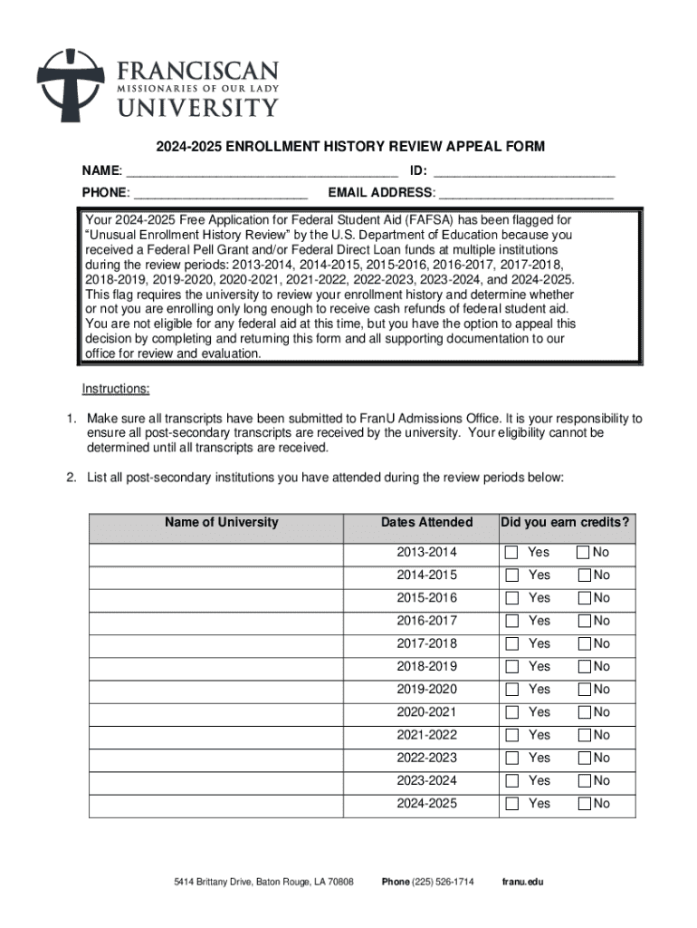 Fillable Online 2024-2025 ENROLLMENT HISTORY REVIEW APPEAL FORM Fax ...