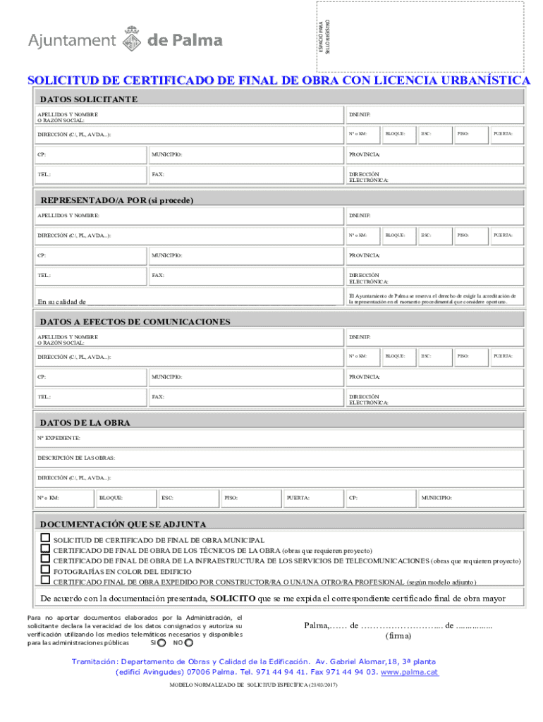 Completable En línea SOLICITUD DE CERTIFICADO DE FINAL DE OBRA CON LICENCIA URBANSTICA Fax Email ...
