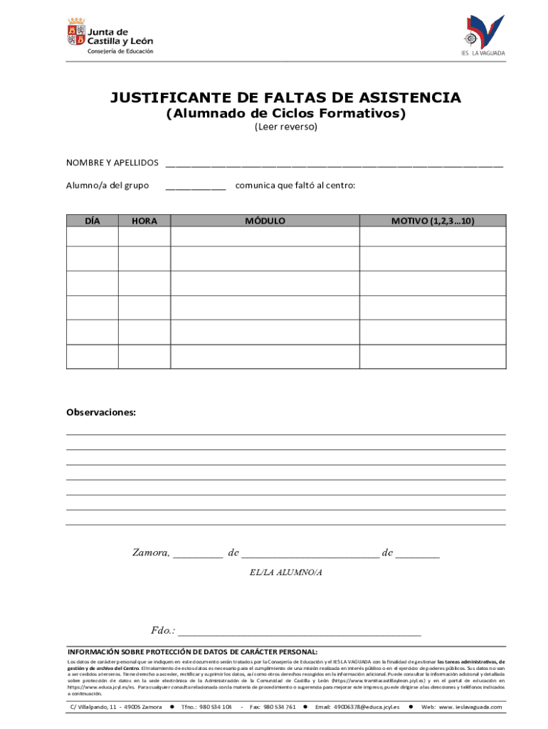 Completable En línea JUSTIFICANTE DE LAS FALTAS (ALUMNADO CICLOS).docx Fax Email Imprimir ...