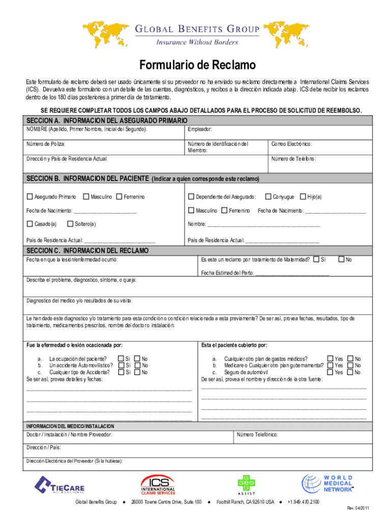 Completable En línea Formulario de Reclamo - Global Benefits Group Fax Email Imprimir - pdfFiller