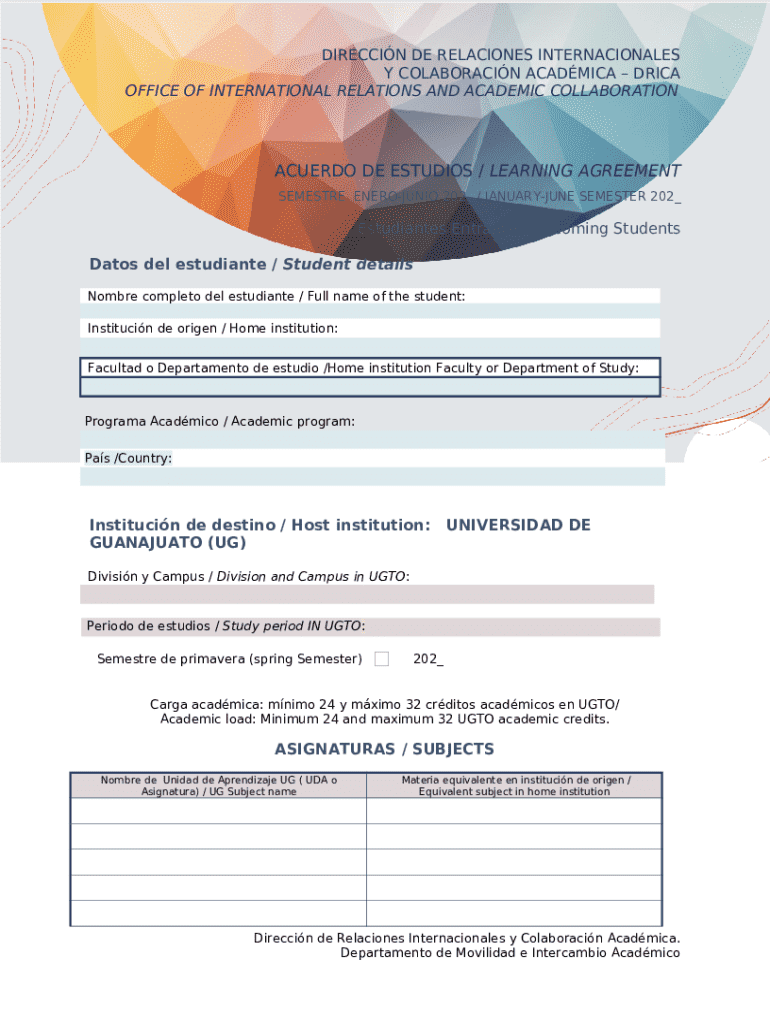 learning agreement for studies/ acuerdo de estudios Doc Template | pdfFiller