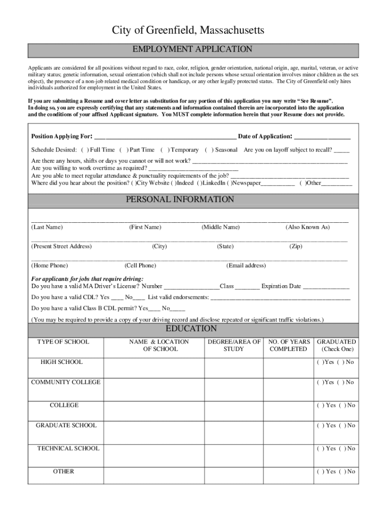 Fillable Online application for employment - greenfield public library ...