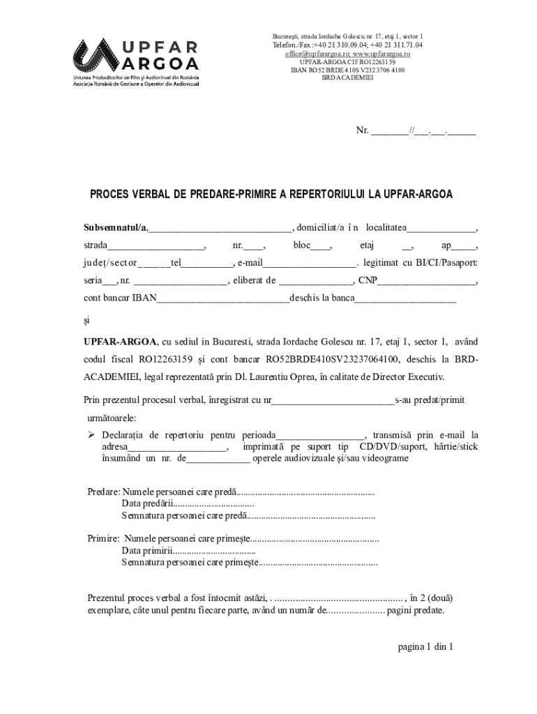 Fillable Online Proces verbal de predare primire a repertoriului PJ Fax ...