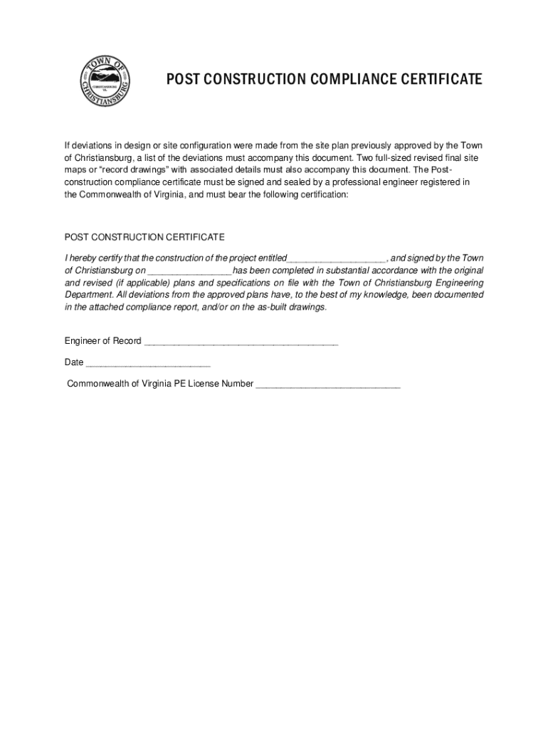 Fillable Online POST CONSTRUCTION COMPLIANCE CERTIFICATE Fax Email ...