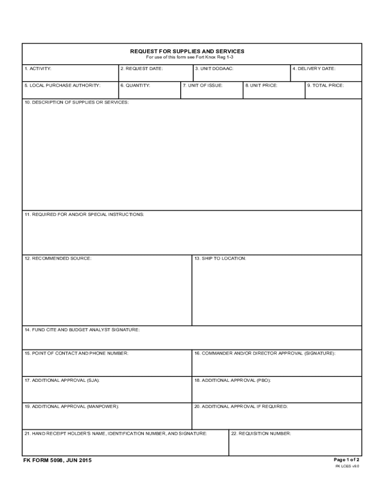 Fillable Online Fort Knox Form 5098, Request For Supplies and Services ...