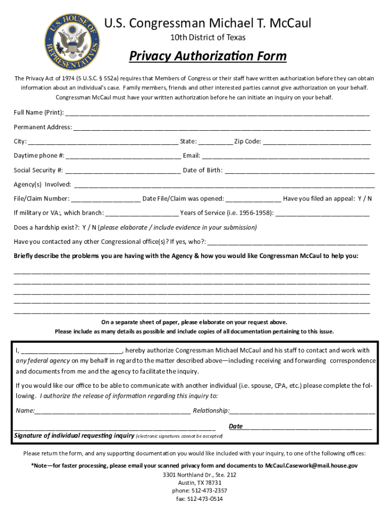 Fillable Online U.S. Congressman Michael T. McCaul Privacy ...