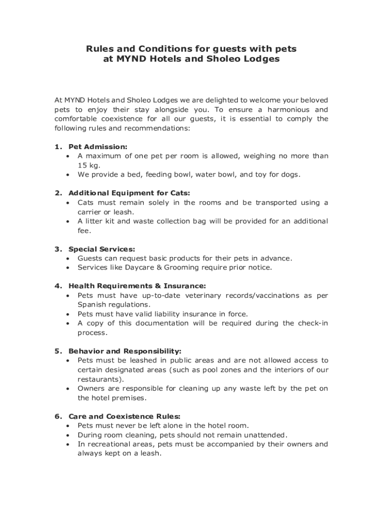 Fillable Online Rules and Conditions for guests with pets at MYND Hotels and ... Fax Email Print ...