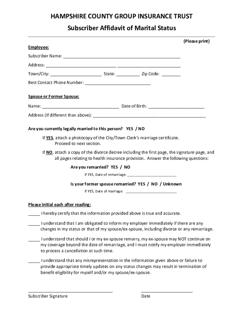 Fillable Online Subscriber Affidavit of Marital Status Fax Email Print ...