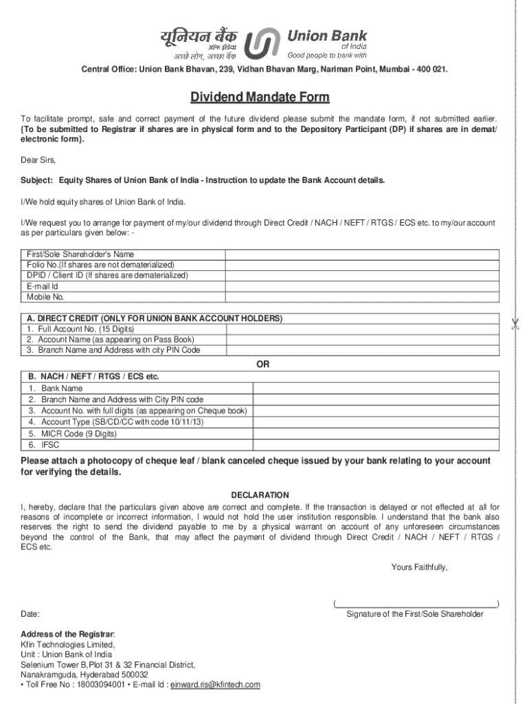 Fillable Online Union Bank Of India (Central Office) in Nariman Point ...