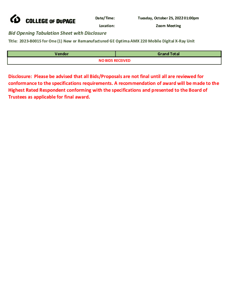 Fillable Online Bid Opening Tabulation Sheet with Disclosure Fax Email ...
