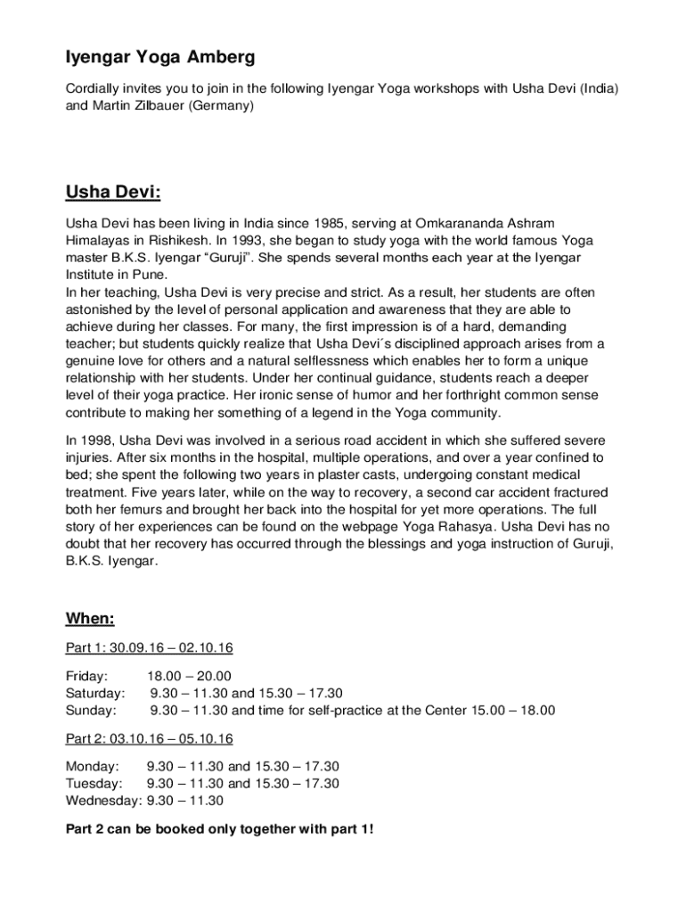 Fillable Online Sone highlights from the Iyengar Yoga Workshop by Usha ... Fax Email Print ...