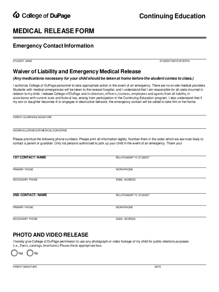 Fillable Online MEDICAL & EMERGENCY AUTHORIZATION, RELEASE ... Fax ...