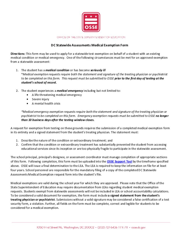 Fillable Online osse dc DC Statewide Assessments Medical Exemption Form Fax Email Print - pdfFiller
