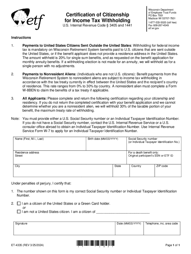 Fillable Online etf wi Certification of Citizenship for Income Tax ...