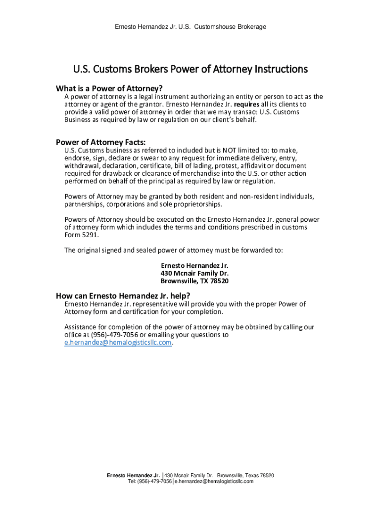 Fillable Online US Customs Brokers Power of Attorney Instructions Fax ...