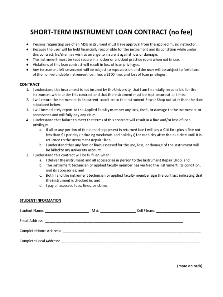 Fillable Online Instrument loan agreement - MSU College of Music Fax ...
