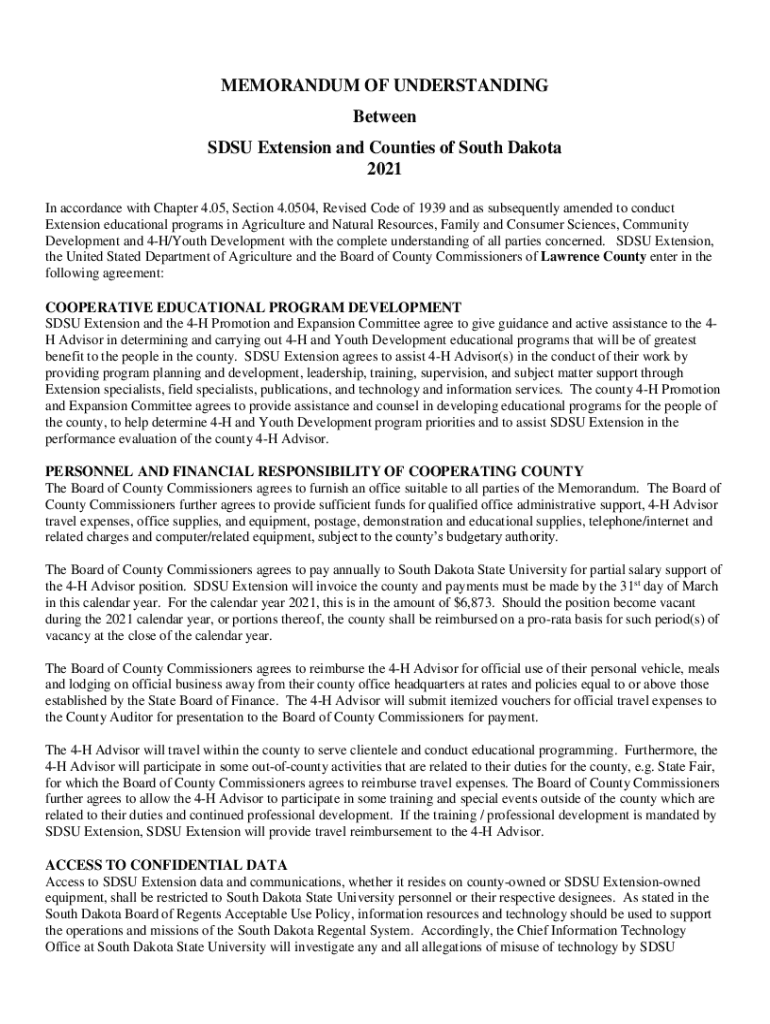 Fillable Online MEMORANDUM OF UNDERSTANDING Between SDSU Extension ...