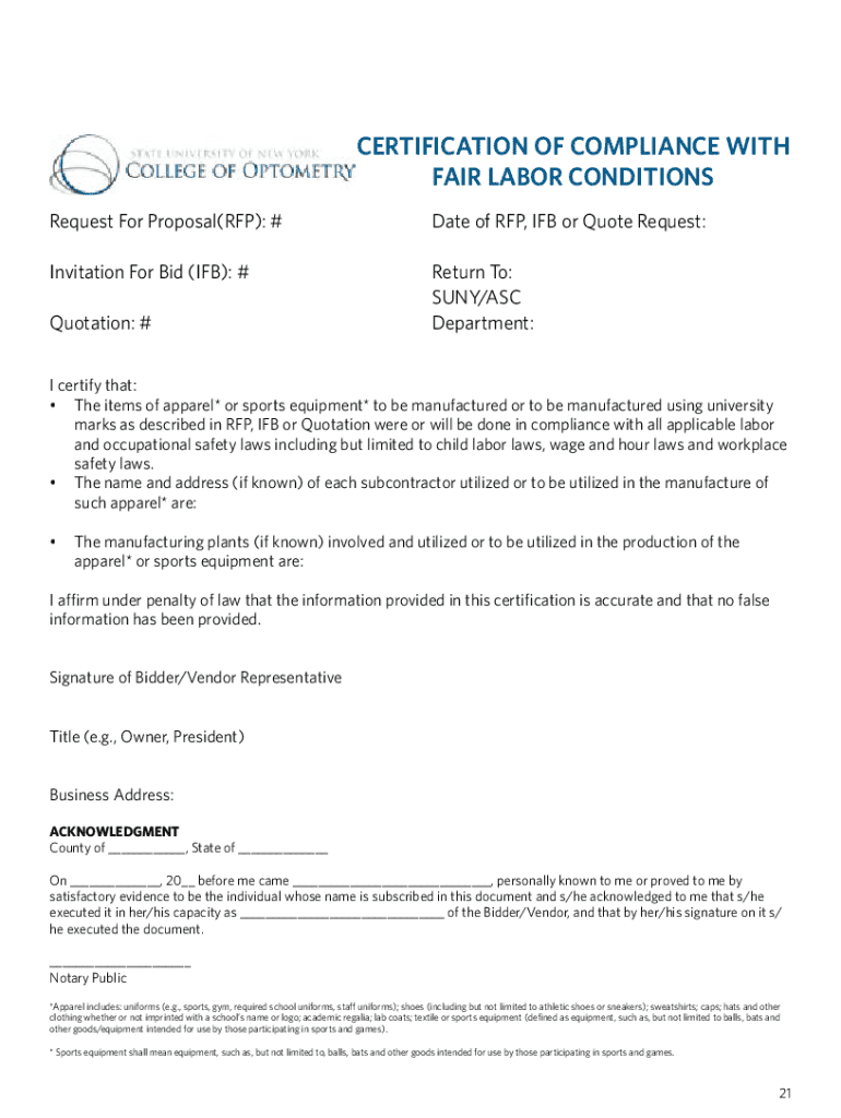 Fillable Online Vendor/Bidder Certification of Compliance With Fair ...