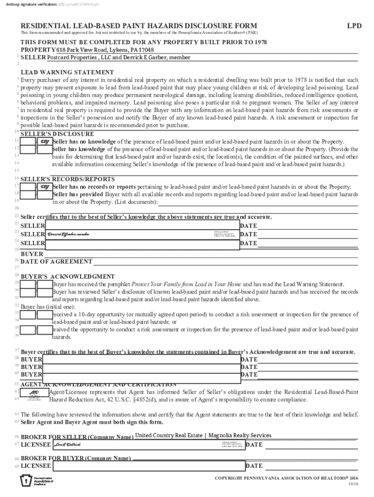 Residential Lead-Based Paint Hazards Disclosure Form - Blank Fillable ...