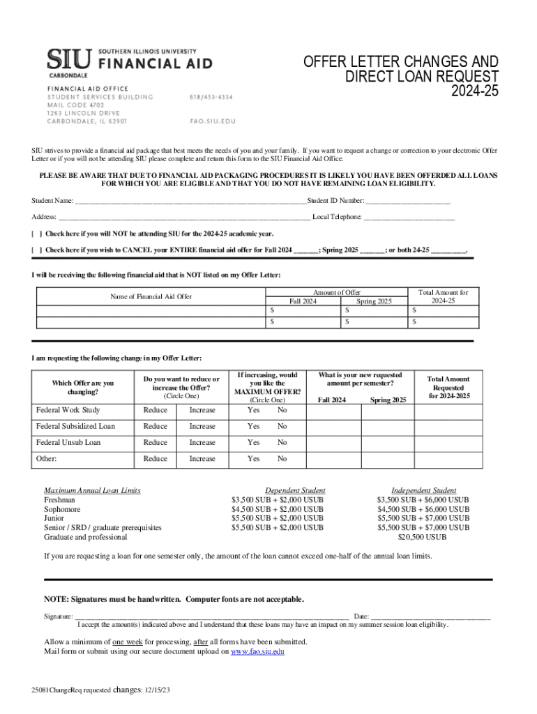 Fillable Online fao siu OFFER LETTER CHANGES AND DIRECT LOAN ... Fax ...
