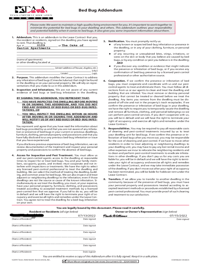 Fillable Online Scary bed bug addendum on lease - should I walk away ...