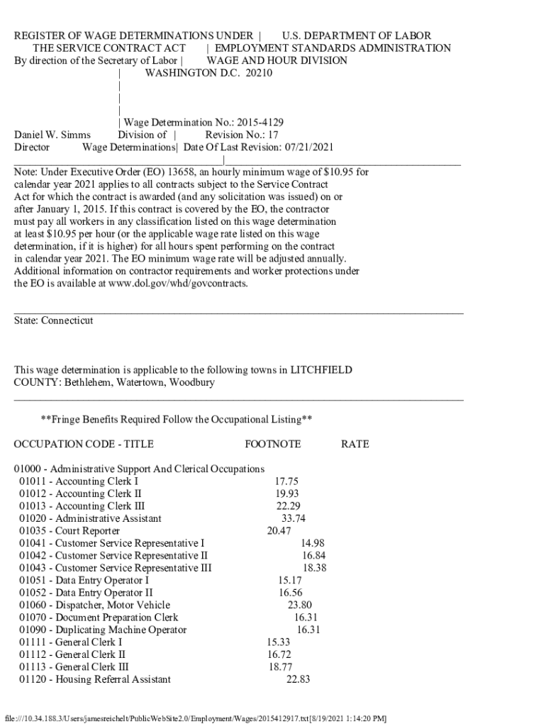 Fillable Online This wage determination is applicable to the following ...