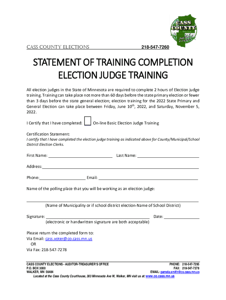 Fillable Online STATEMENT OF TRAINING COMPLETION ELECTION JUDGE ... Fax ...