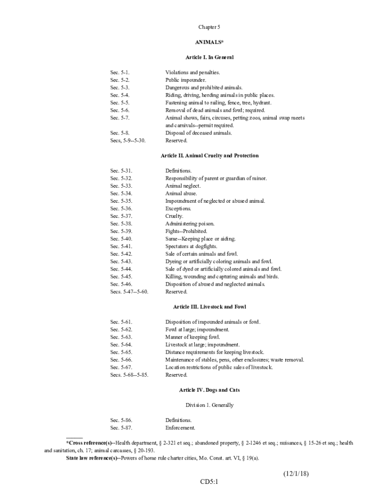 Fillable Online Chapter 5 ANIMALS* Art. I. In General Art. II. Care and ... Fax Email Print ...