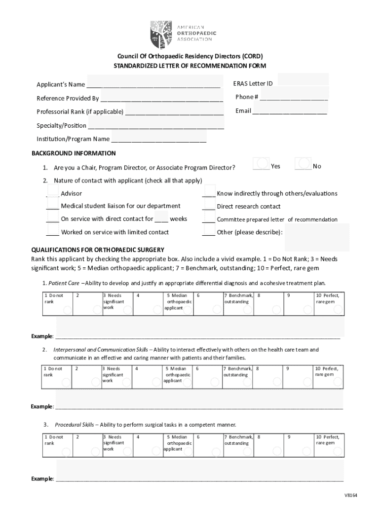 Fillable Online Orthopaedic Standardized Letter of Recommendation Form ...