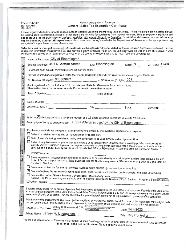 Fillable Online bloomington in General Sales Tax Exemption Certificate ...