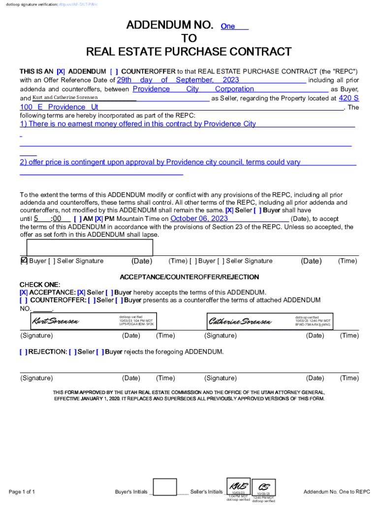 Fillable Online ADDENDUM NO. One TO REAL ESTATE PURCHASE CONTRACT ... Fax Email Print - pdfFiller