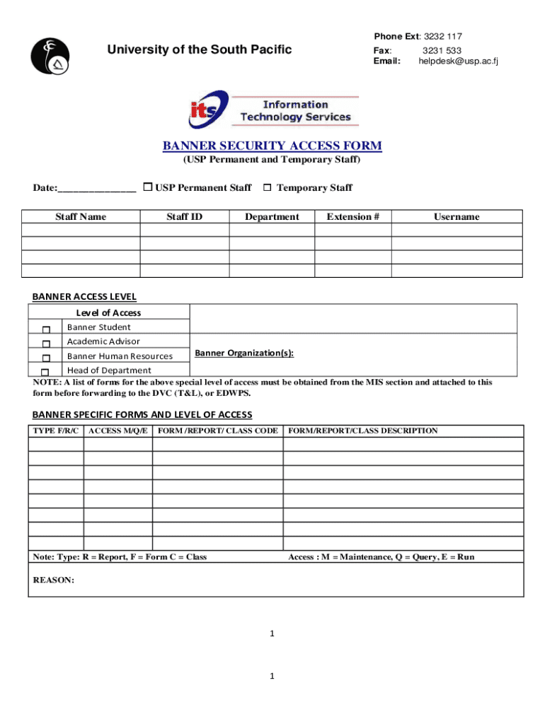 Fillable Online University of the South Pacific BANNER SECURITY ACCESS ...