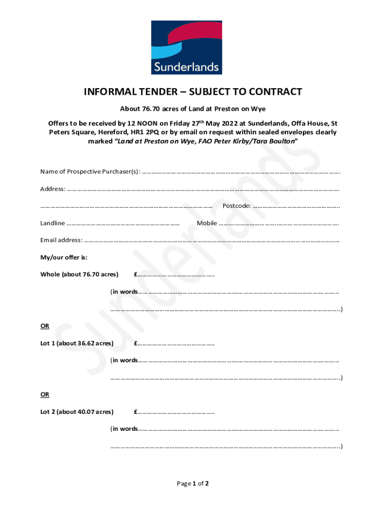 Fillable Online By Informal Tender - Coronation Cottage, Lydham ...