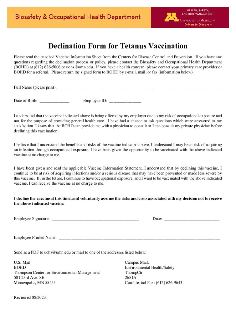 Fillable Online Declination Form for Tetanus Vaccination Fax Email ...