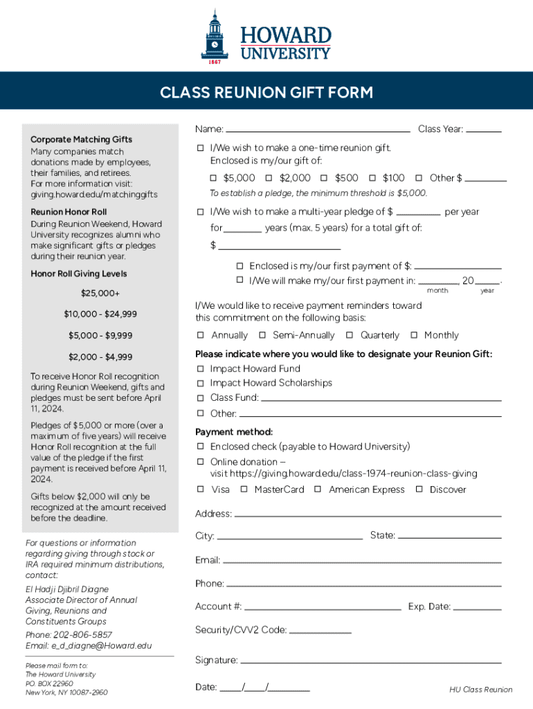 Fillable Online CLASS REUNION GIFT FORM Fax Email Print - pdfFiller