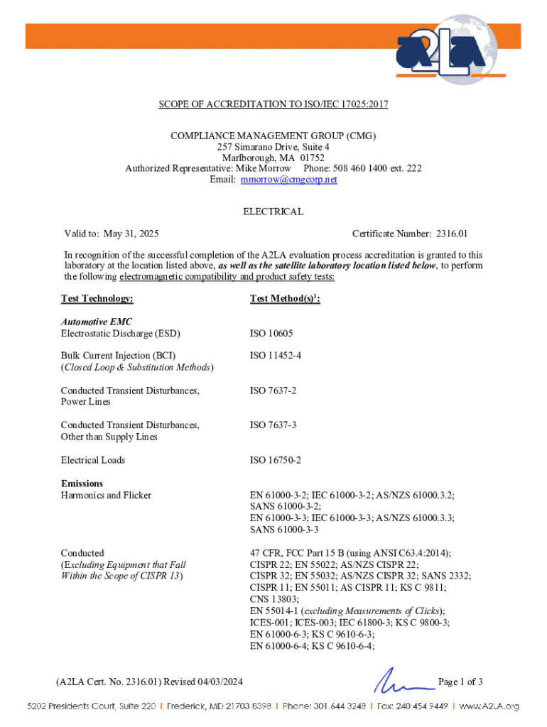 Fillable Online (A2LA Cert. No. 2316.01) Revised 04/03/2024 Page 1 of 3 ...