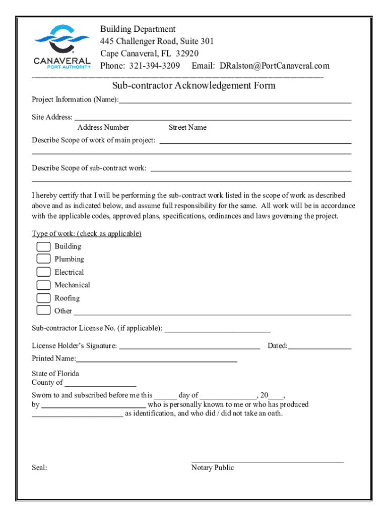Fillable Online Sub-contractor Acknowledgement Form Fax Email Print ...