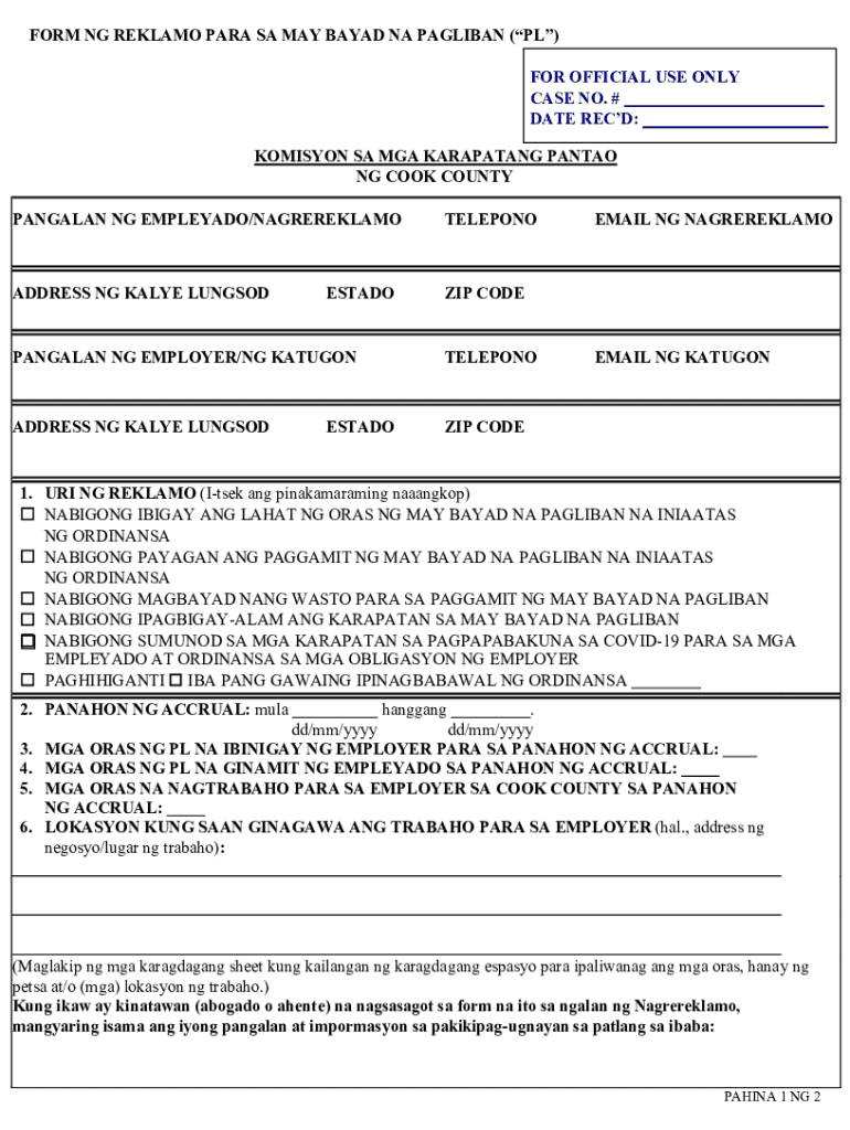 Fillable Online FORM NG REKLAMO PARA SA MAY BAYAD NA PAGLIBAN (PL ...