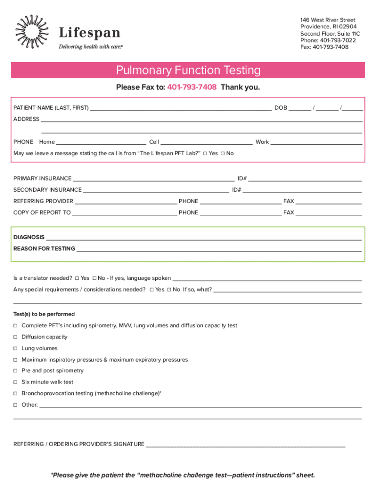 Fillable Online Pulmonary Function Testing Referral FormWomen's ...