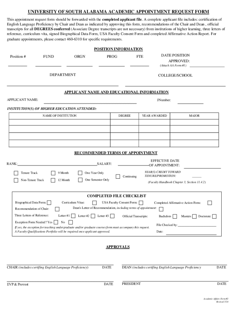 Fillable Online comm usouthal UNIVERSITY OF SOUTH ALABAMA ACADEMIC APPOINTMENT REQUEST FORM ...