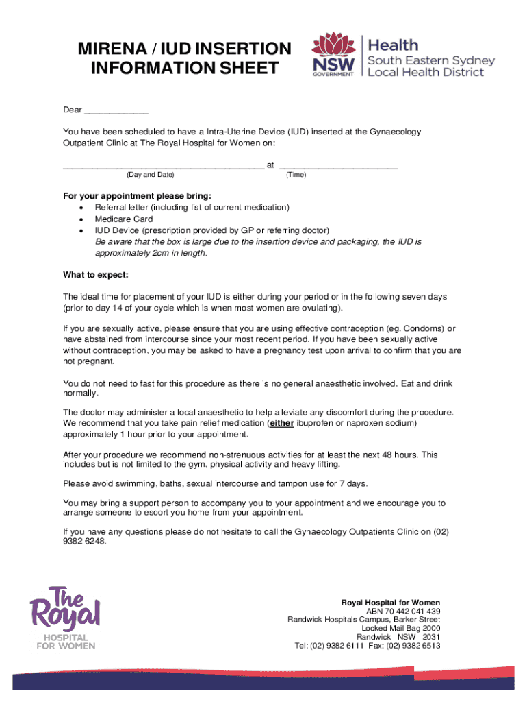 Fillable Online / IUD INSERTION INFORMATION SHEET Fax Email Print ...
