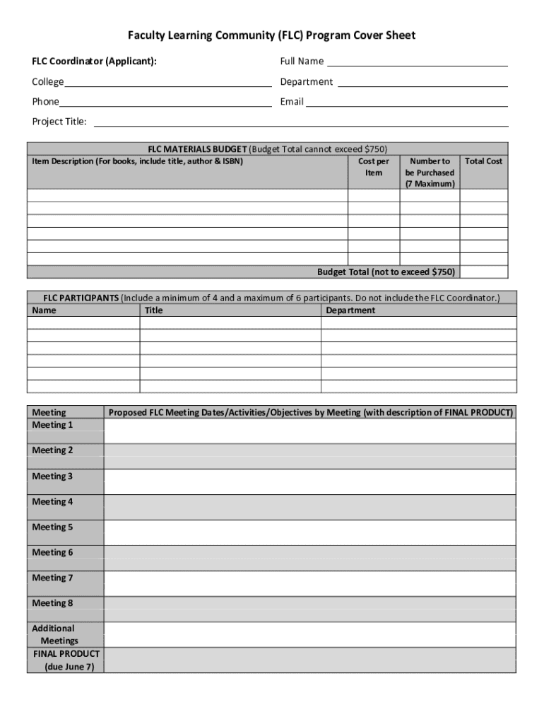 Fillable Online Faculty Learning Community (FLC) Program Cover Sheet Fax Email Print - pdfFiller