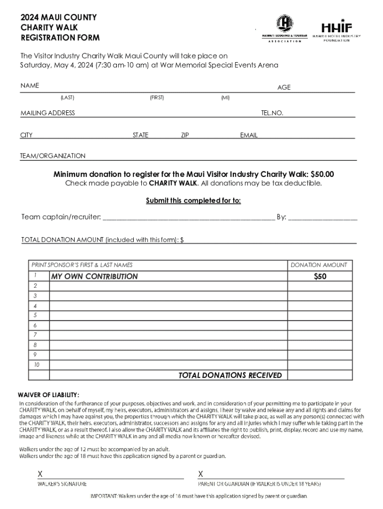 Fillable Online 2024 MAUI COUNTY CHARITY WALK REGISTRATION FORM Fax ...